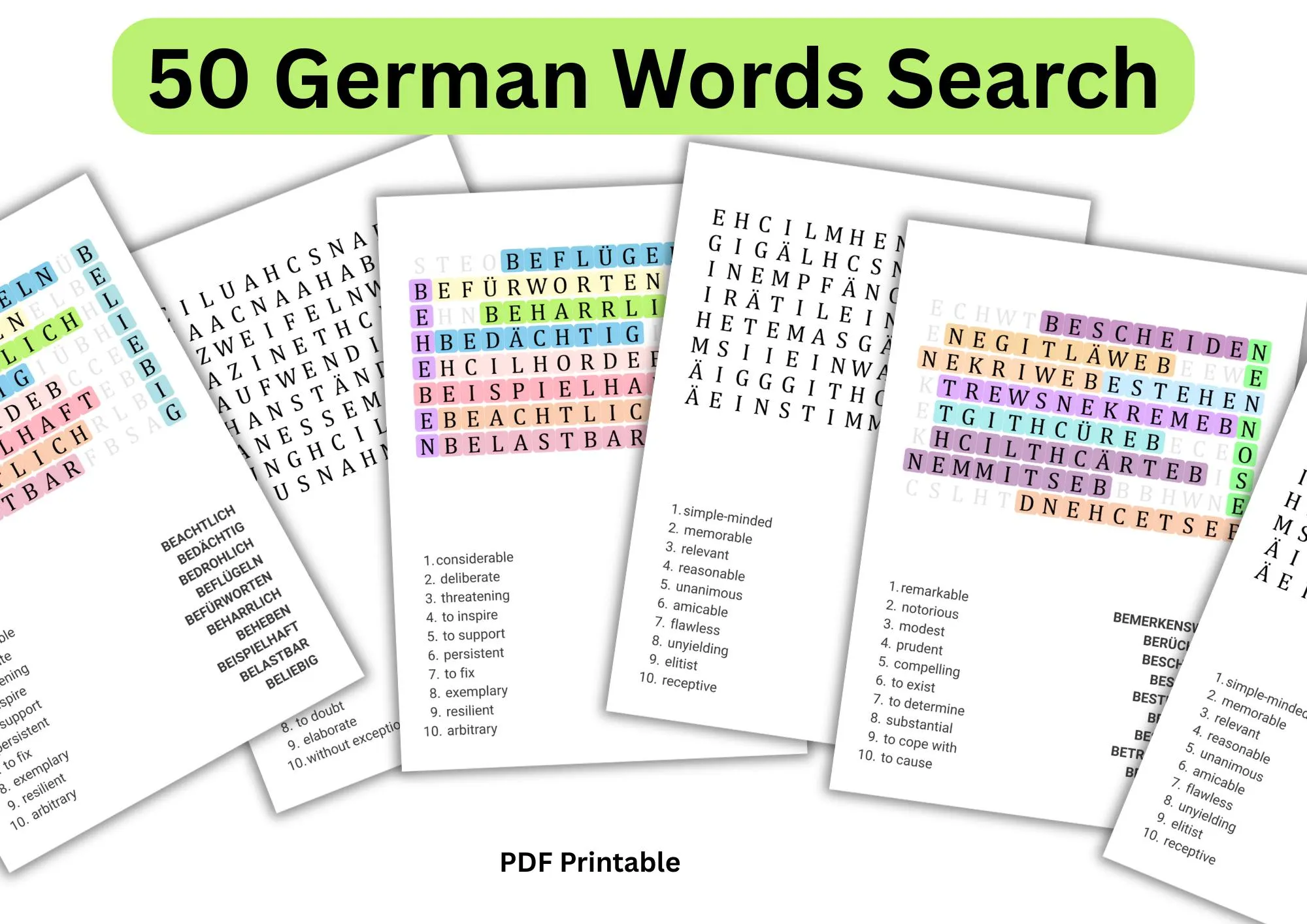 German Vocabulary Word Search Puzzle: Learn 50 Words (PDF Print ...